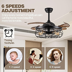 DuMaiWay 42" Industrial Retractable Ceiling Fans with Lights, Fandelier Caged Ceiling Fan with Remote Controller for Farmhouse/Living Room/Bedroom/Restaurant 5 Lights 4 Fan Blades Black