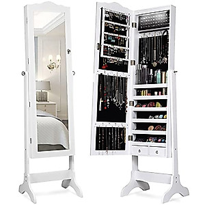 Giantex Jewelry Armoire Organizer Box with Mirror & 2 Drawers, Lockable Floor Standing Jewelry Cabinet with 14 Auto-on LED Lights, Full Length for Bedroom (White)
