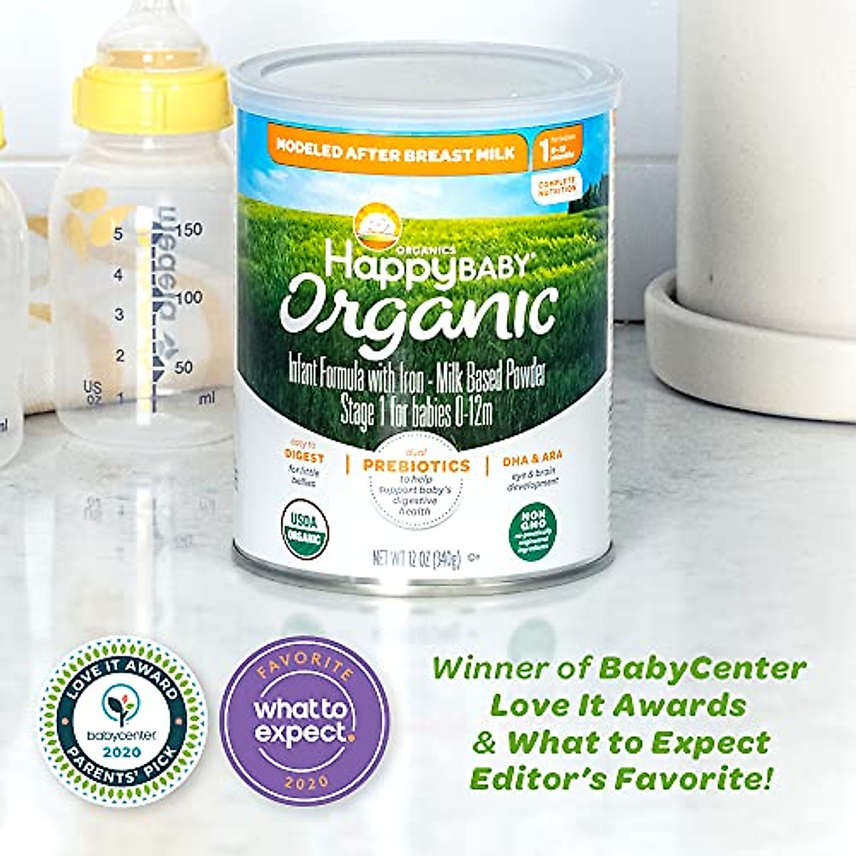 Happy Baby Organics Infant Formula, Milk Based Powder with Iron, Stage 1, 12 Ounce (Pack of 6) - Packaging May Vary