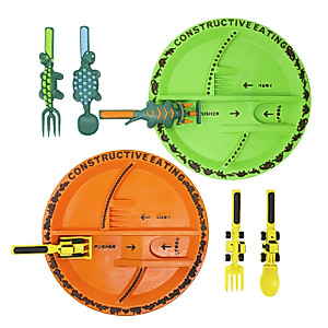 Constructive Eating Made in USA Construction and Dinosaur Combo with 2 Utensil Sets and 2 Plates for Toddlers, Infants, Babies and Kids - Made with Materials Tested for Safety