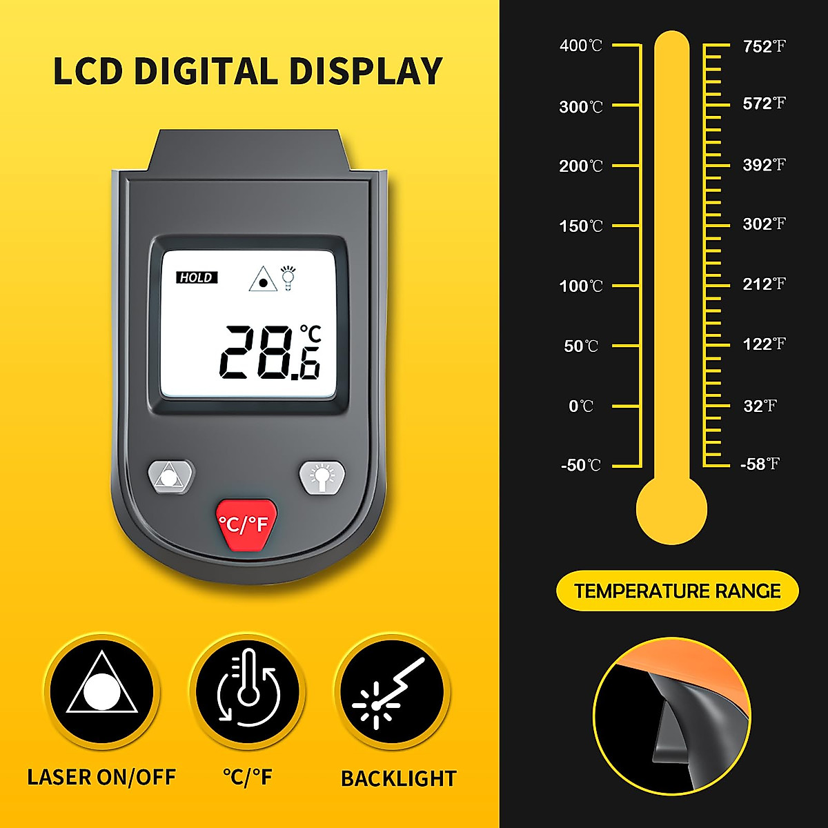 Digital Infrared Thermometer Gun Non-Contact Grip Infrared Laser Thermometer Temperature Gun -58℉~ 752℉ for Instant Read Meat Digital Kitchen Thermometer for Cooking Oil Deep Fry BBQ