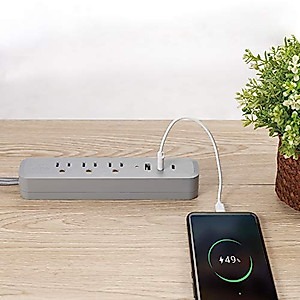 Globe Electric Designer Series 6-ft 3-Outlet USB Surge Protector Power Strip, 2x USB-A Ports, 1x USB-C Port, Right Angle Plug, Gray, 78551