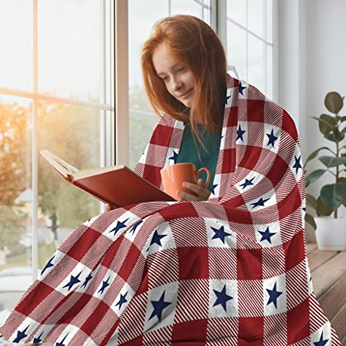 FJPT July 4th Throw Blanket Red White and Blue Stars Patriotic Party Blanket Lightweight Fuzzy Plush Cozy Soft Blanket for Travel Couch Bed Sofa Gift 30"X40"