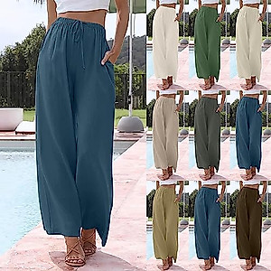 IAMAGOODLADY Palazzo Pants Women's 9-Pant Loose High Waist Cotton Linen Women's High Waisted Pants Linen Pants Women Summer Waisted Elastic Waistband Palazzo