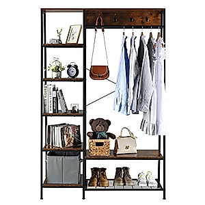 Kcelarec Clothing Rack with Hooks, Clothes Rack with Storage Shelves, Freestanding Clothing Rack, Garment Rack, Standing Metal Sturdy Clothing Rack, Small Space Storage Solution (Style 1)