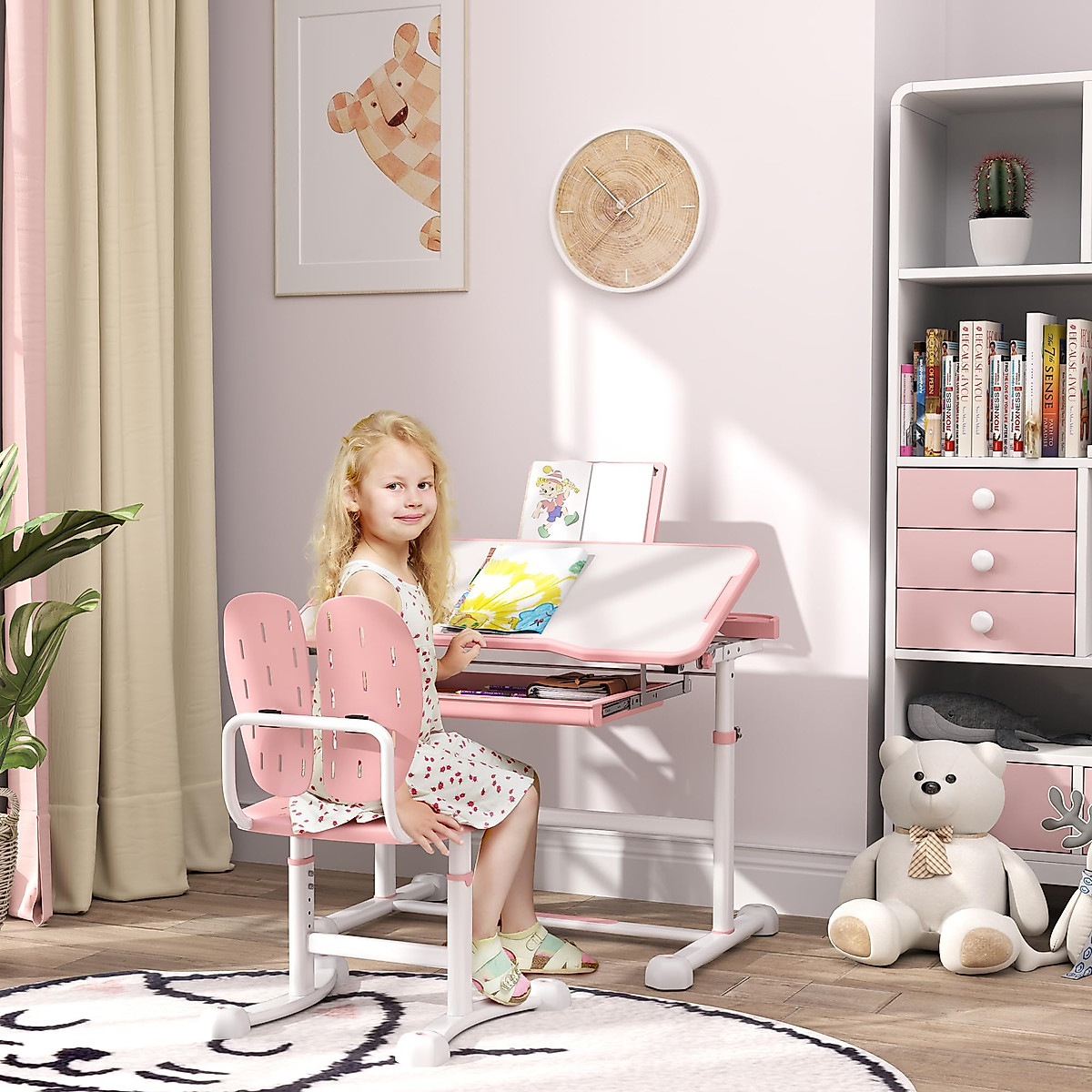 Qaba Kids Desk and Chair Set, Height Adjustable Kids School Study Desk and Chair Set with Tilt Desktop, Storage Drawer & Book Stand for Writing, Reading and Drawing, Pink