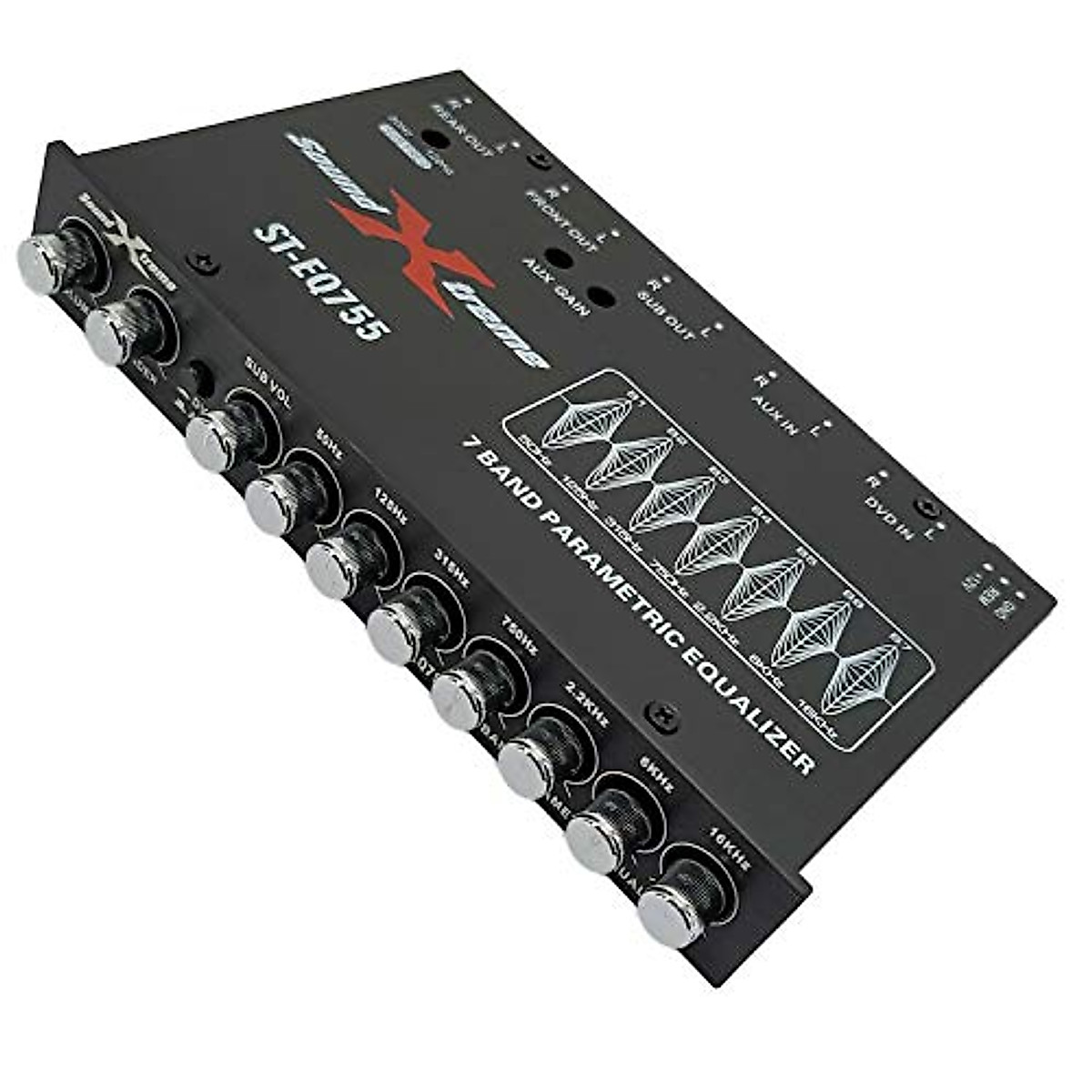 SoundXtreme ST-EQ755 1/2 Din 7 Band Car Audio Parametric Equalizer EQ with Front, Rear + Sub Output 8 Volt RMS Three Stereo RCA Output Built-in Input AUX / DVD Select Switch