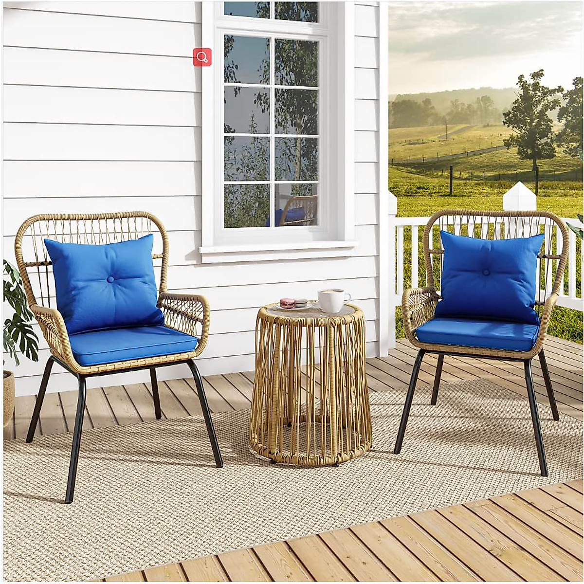 YITAHOME 3-Piece Outdoor Patio Furniture Wicker Bistro Set, All-Weather Rattan Conversation Chairs for Backyard, Balcony and Deck with Soft Cushions, Glass Side Table (Light Brown+Navy Blue)