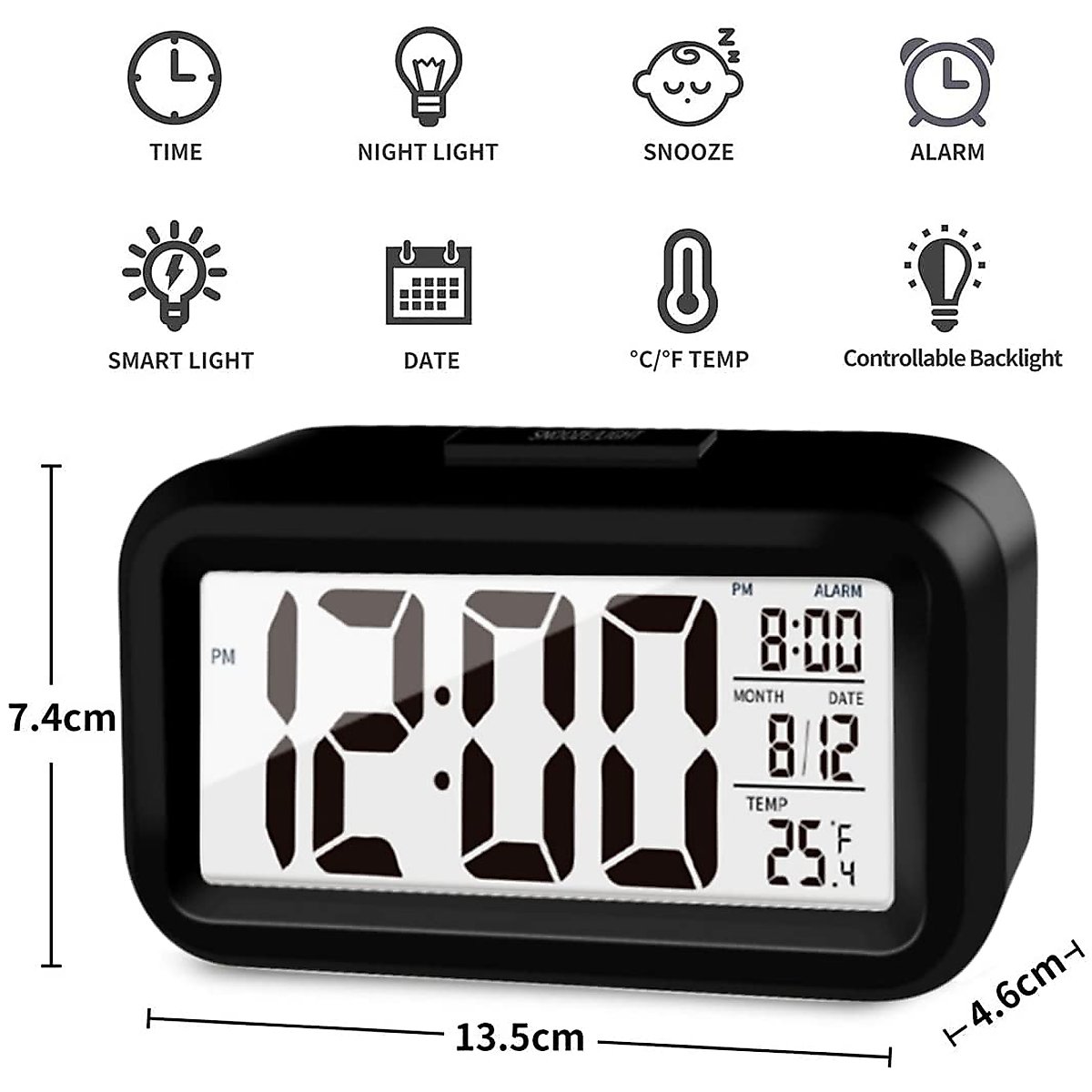 KAIJIELY Upgraded Digital Alarm Clock, 4.3" LED Display with Temperature Larger Lound Light Control Portable Snooze Calendar Brightness with Battery Powered Alarm Clocks Bedside for Everyone (Black)