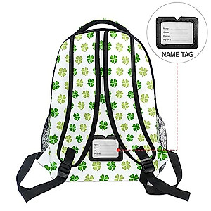 Backpack Patrick's Day Clover Leaves Shamrock Green White Daypack Shoulder Bag with Name Label Tag for Travel Hiking Casual Camping Sports Gym