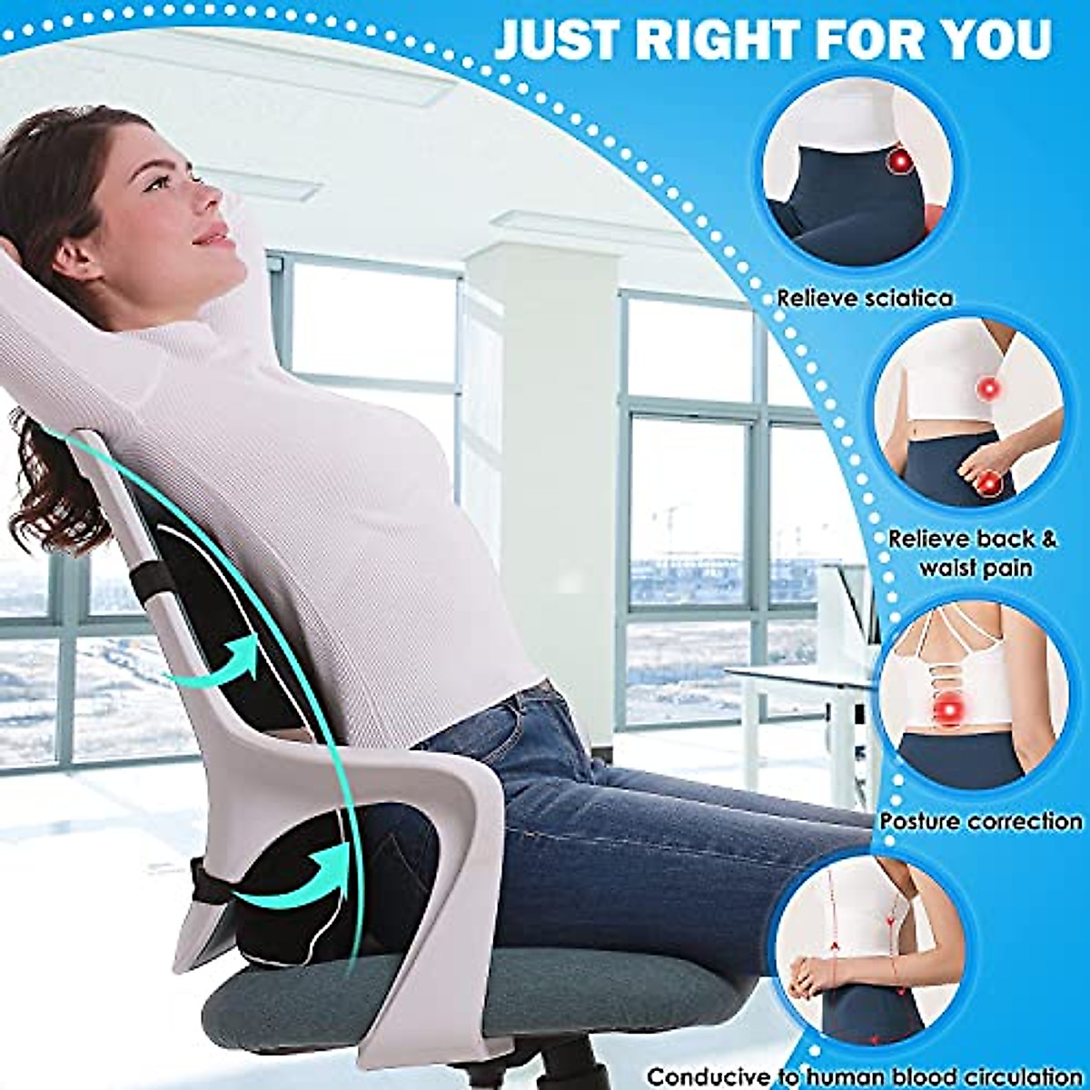 Lumbar Support Pillow for Office Chair and Car Seat Back Support Memory Foam Back Cushion for Lower Back Pain Relief, Lower Back pillow for Gaming Chair, Desk Chair with 3D Mesh Cover Adjustable Strap