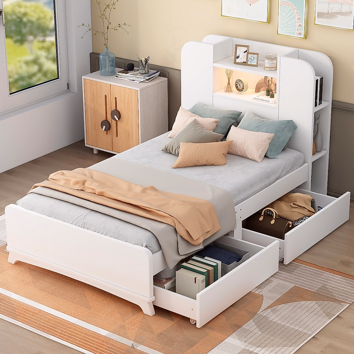 Jintop Twin Size Platform Bed Frame with 2 Drawers and Light Strip Design in Headboard,Bedroom Storage Wood Bed W/ 3 Bedside Open Shelves,Slat Support,for Girl Boy Kid,White