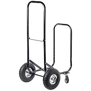 Gardenised Black Firewood Rack Outdoor Indoor, Heavy Duty Firewood Carrier with Front Wheels Wood Fireplace Tool Rack, Rolling Storage Cart Cover Included