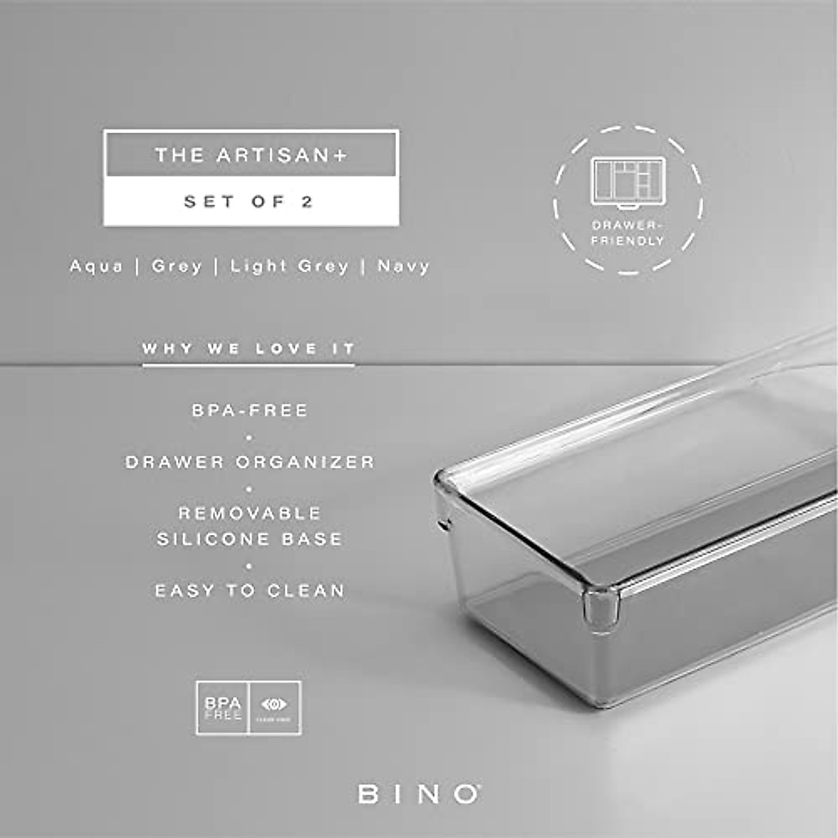 BINO | Oblong Plastic Drawer Organizer Bins, Light Grey- 2 Pack | THE ARTISAN+ | Multi-Use Organizer Bins | Soft-Grip Lining and Non-Slip Rubber Feet | Desk Drawer Organizer | Clear Vanity Organizer