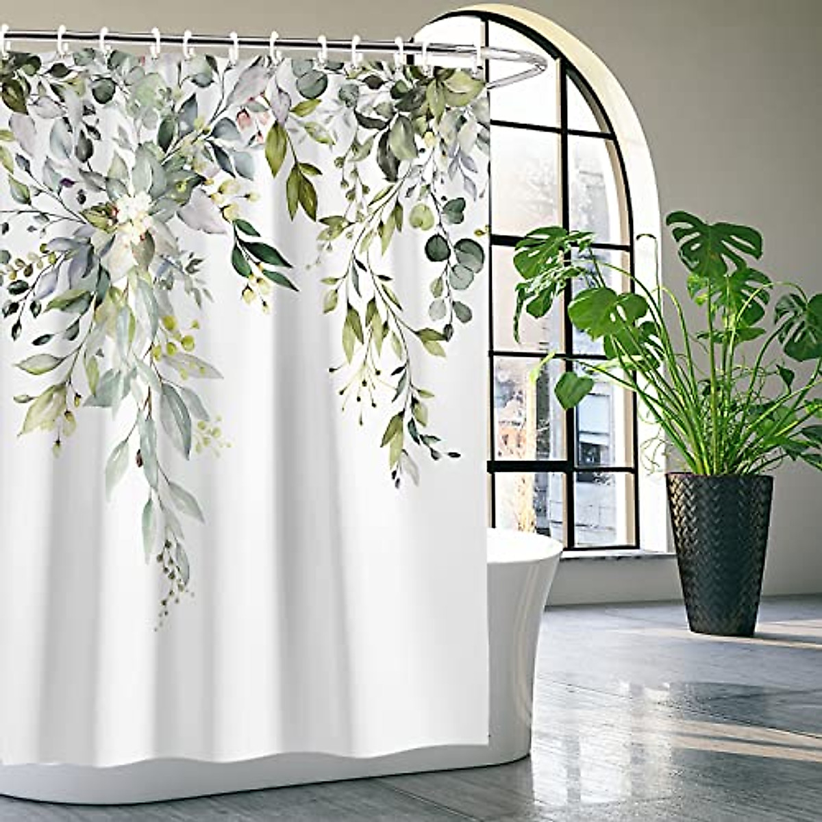 Onlalasyc Plant Shower Curtain, Watercolor Leaves on The Top Shower Curtain Sets for Bathroom Home Hotel, Waterproof and Machine Washable with 12 Hooks, 72×72 inch