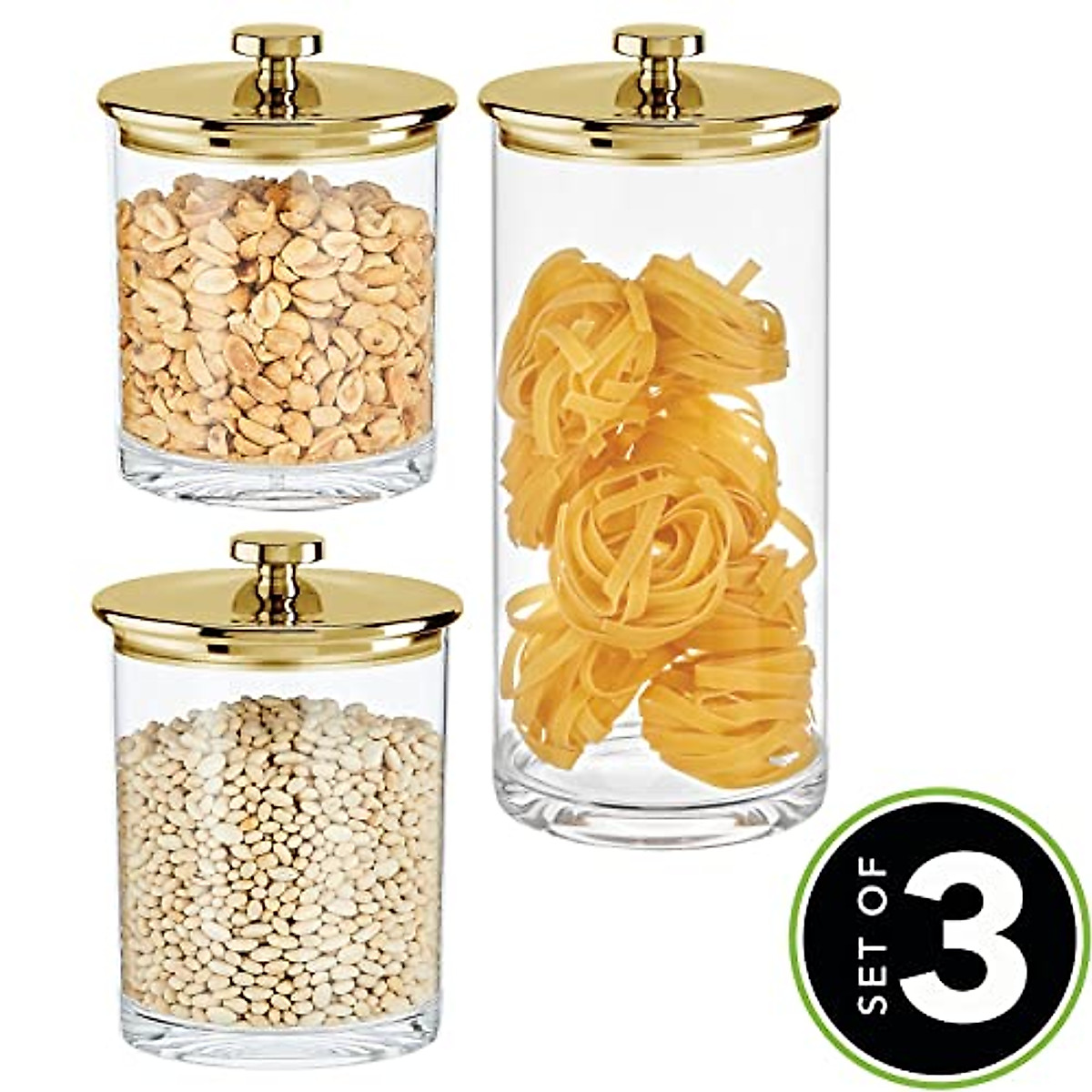 mDesign Airtight Apothecary Storage Organizer Canister Jars - Acrylic Containers for Kitchen, Organization Holder for Pantry, Counter, and Cupboards, Lumiere Collection, Set of 3, Clear/Soft Brass