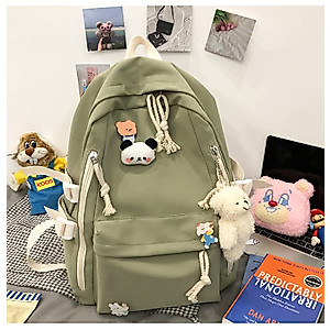 Timtram Kawaii School Backpack, Cute Aesthetic Backpack, Cute Kawaii School Backpack, for Teen Girl Boy Aesthetic, Bag for Laptop School College Free Plush Pendant & Pins (Green)