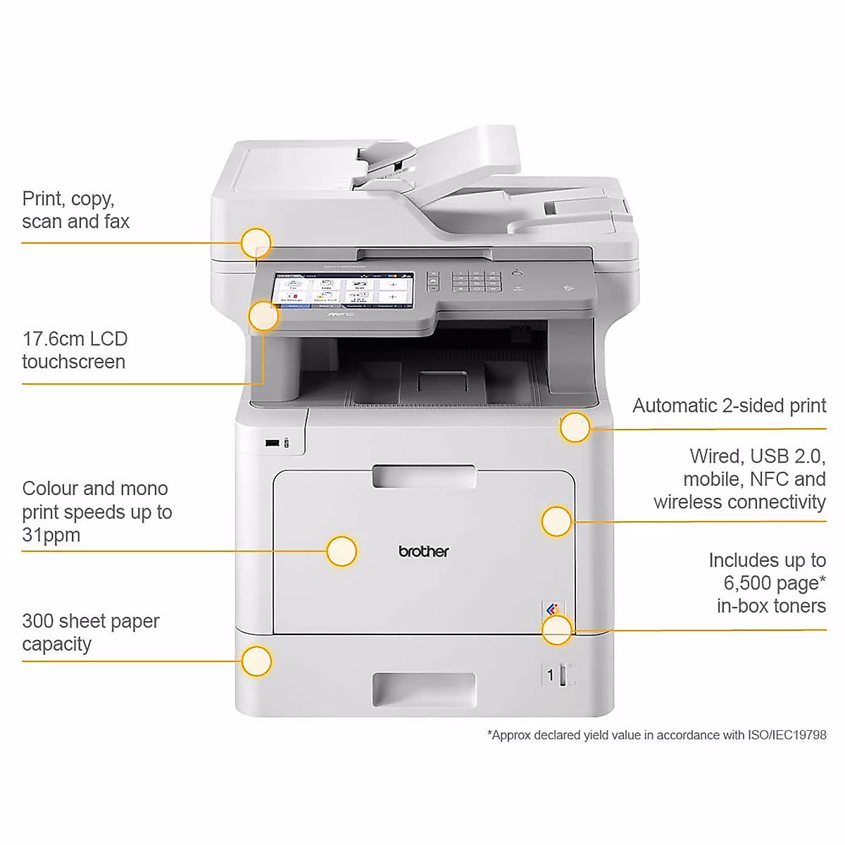 Brother MFC-L9570CDW Business Wireless Color Laser All-in-One Printer - Print Copy Scan Fax - 7" Touchscreen, 33 ppm, 600 x 2400 dpi, Auto 2-Sided Printing, 1GB Memory, 80-Sheet ADF, NFC, Ethernet