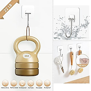 MUSICATE Large Adhesive Hooks, Transparent Self Adhesive Wall Hooks Heavy Duty 22 LB Waterproof Sticky Hooks Reusable Seamless Hooks Utility Hooks for Bathroom Kitchen Ceiling Office 10 Packs