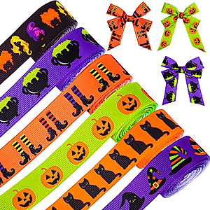 AnyDesign 6 Rolls Halloween Grosgrain Ribbon Hocus Pocus Gift Wrapping Ribbon Witch Legs Hats Pumpkins Magic Pot Black Cat Pattern Ribbon for Crafts Gift Wrapping Halloween Party Decor, 7/8 Inch