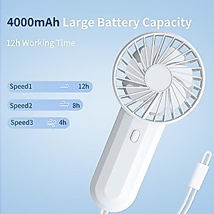 SmartDevil Portable Handheld Fan, Mini Dual-Bladed Hand Fan, 4000mAh Small Personal Rechargeable Battery Operated Fan, Powerful Wind, 3 Speed Adjustable, Hand Held Fan For Outdoor, Travel (White)