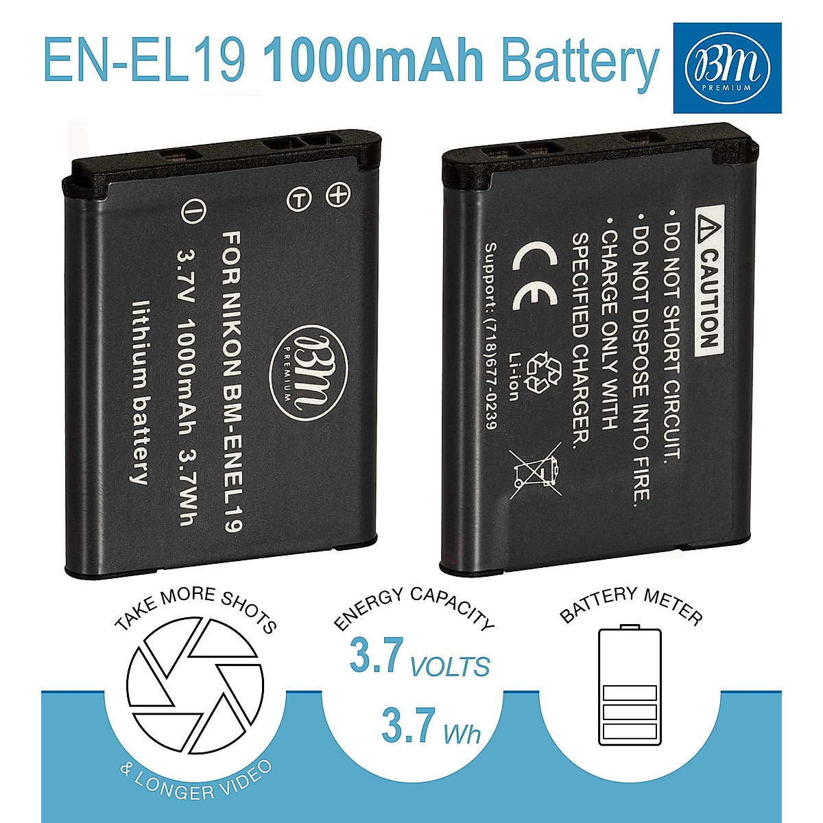 BM 2 EN-EL19 Batteries & Dual Battery Charger for Nikon Coolpix A300, W100, W150, S3100, S3200, S3300, S3500, S3600, S3700, S4100, S4200, S4300, S5200, S5300, S6400, S6500, S6800, S6900, S7000 Cameras