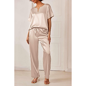 Ekouaer Satin Pajama Set Womens Silk Short Sleeve V Neck Shirt with Long Pant Soft Loungewear Pjs Set Champagne