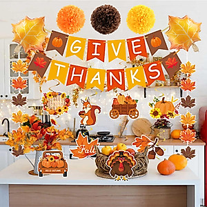 Ouddy Life Thanksgiving Party Decorations, Thanksgiving Hanging Decoration Include Give Thanks Banner Maple Leaves Garland Balloon Paper Pom for Thanksgiving Fall Home Classroom Indoor Office Supplies