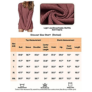 Ekouaer Womens Waffle Knit Long Sleeve Top and Shorts Loungewear Thick Pajama Set, A-rose Red, Large