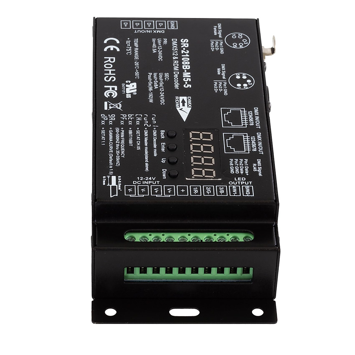 SIRS-E 5 Channel CV DMX RDM Digital PWM Decoder 8/16 bits for RGB & RGBW LED Lighting 12-24V DC UL Recognized Controller 5x8A Dimmer 5809 SR-2108B-M5-5