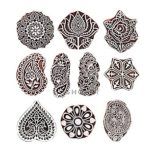 Hashcart® Wooden Pottery Stamps for Block Printing - Handcarved Indian Textile Printing Blocks Set of 10, Wooden Clay Pottery Stamps for Crafting on Fabric, Card & Henna Stamps