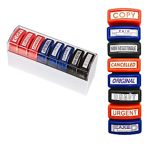 Reliancer Set of 8 Self Inking Pre-inked Office Stamp 8 Message Account Stamp Office Stationary Stamper Business Paper Work Text Stamps w/Tray RedBlueBlack Ink