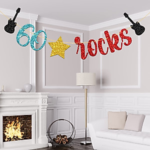 WeBenison 60 Rocks Birthday Banner Rock and Roll Music Theme 60th Birthday Banner / 60's Rock Guitar Birthday Party Decorations Glitter (60)