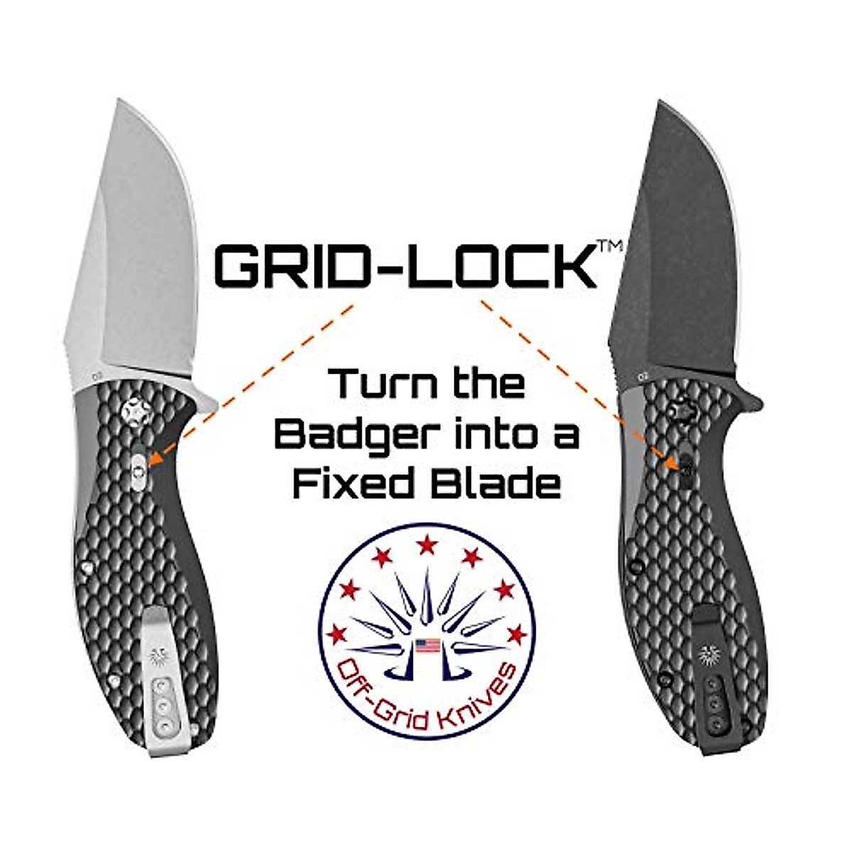 Off-Grid Knives - Badger EDC Knife, Cryo D2 Blade Steel, Grippy G10 Scales, Safety Grid-Lock, Reversible Tip-Up Deep Pocket Clip (Blackwash)