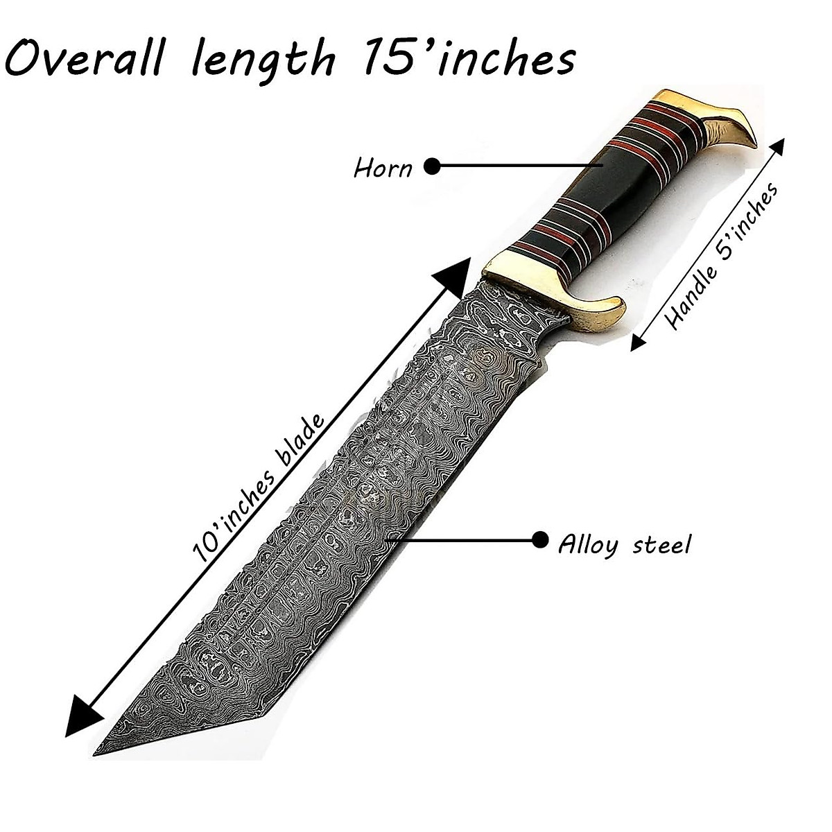 HTK-9228 Custom Handmade Damascus Steel Hunting Tanto Knife 15 Inches Buffalo Horn Handle Ladder pattern Blade with sheath