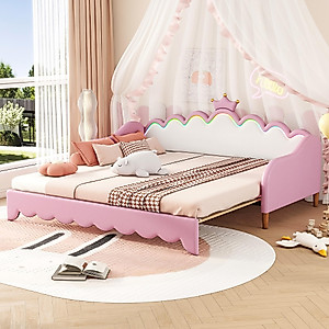 SOFTSEA Twin Upholstered Princess Daybed with LED Lights, Girls Princess Daybed with Extendable Trundle, Twin to King Faux Leather Daybed Frame with Crown Headboard for Kids Teens Audlts, Pink