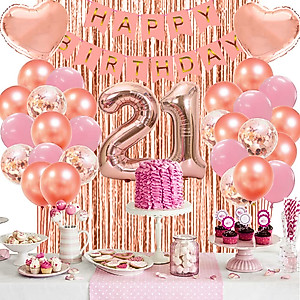 NIUBER 21st Birthday Decorations For Women,21 Birthday Decorations with Rose Gold Balloons, Happy Birthday Banner,Backdrop and Confetti Balloons