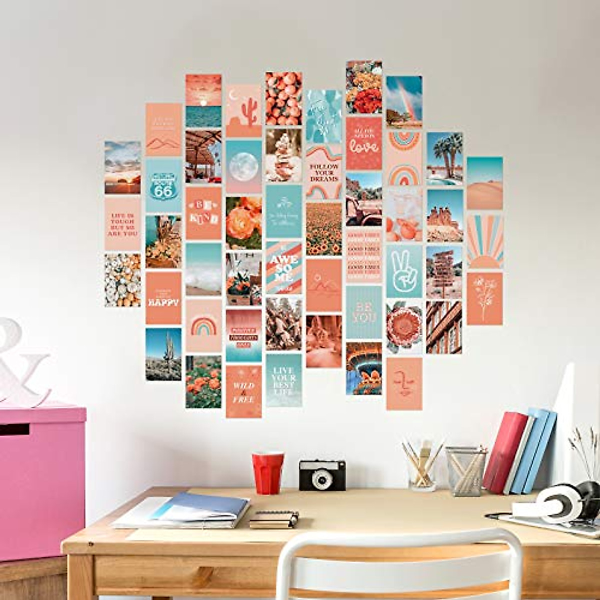 Artivo Peach Teal Wall Collage Kit for Aesthetic Pictures, 50 Set 4x6 inch, VSCO Girls Bedroom Decor, Cute Boho Wall Decor, Dorm Photo Collection