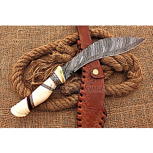 HUNTEX Unique Custom Handmade Hand Forged Damascus Steel 15 Inch Long Full Tang Camel Bone Handle Razor Sharp Hunting Camping Kukri Knife with Genuine Leather Sheath