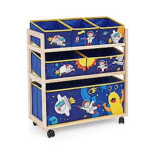 Kids Toy Storage Organizer with 6 Oxford Cloth Bins and 4 Wheels,Wooden Children Storage Rack,Extra Large Capacity Bookshelf Bookcase Display Stands Shelf Multi Cabinet for Books Toys