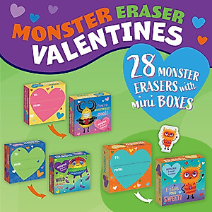 Peaceable Kingdom Valentines Cards for Kids Classroom, Set of 28 Valentines Day Gifts - Monster Erasers