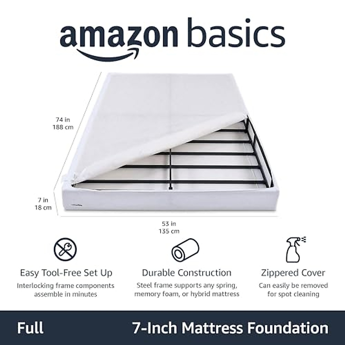 Amazon Basics Smart Box Spring Bed Base, 7-Inch Height Mattress Foundation, Tool-Free Easy Assembly, Full, 74"L x 53"W x 7"H, White