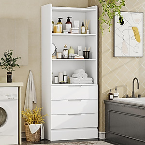 DICTAC 73.23'' Tall Storage Cabinet Bookcase with 3 Drawers and 3-Tier Open Shelves Wooden Bookshelf Kitchen Pantry Storage Cabinets Storage Organizer for Living Room, Study, Kitchen,Bathroom,White