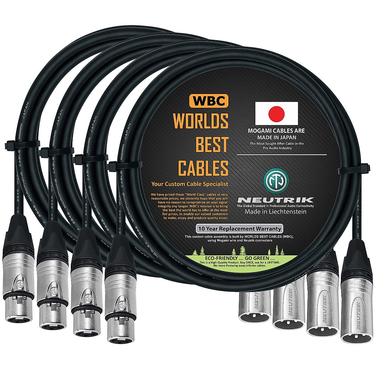 WORLDS BEST CABLES 4 Units - 2 Foot - Balanced Microphone Cable Custom Made Using Mogami 2549 (Black) Wire and Neutrik NC3MXX & NC3FXX Silver XLR Plugs