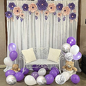 Purple White Silver Balloons 50pcs, 12 Inch Silver Confetti Balloons Latex Balloons with Purple Ribbon for Birthday Party Decoration Baby Shower Decorations