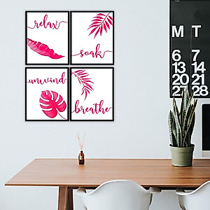 Pink Bathroom Decor - Relax, Soak, Unwind, Breathe Leaves Wall Art - Set of 4 8 x 10 Unframed Prints - Yoga Studio Art - Spa Decorative Photos - Home,Office,Classroom,Dorm Palm Tree Leaf Monstera