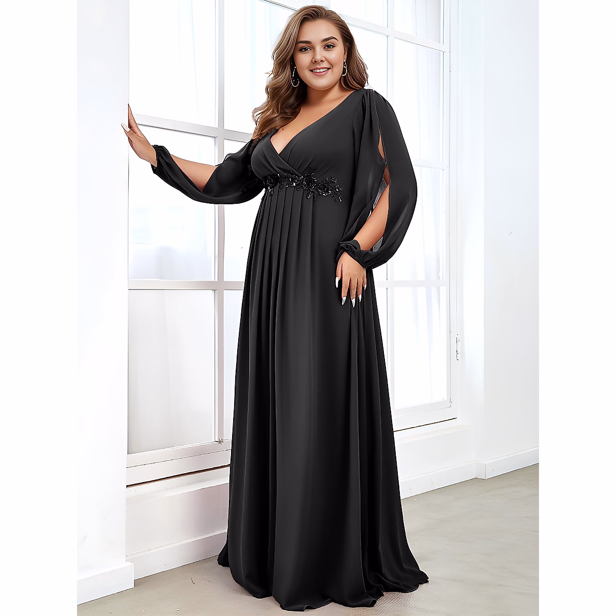 Ever-Pretty Plus Womens A-line Long Side Slit Sleeves Bidesmaid Dress for Wedding Plus Size Black US26
