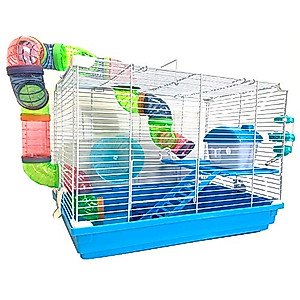 2 Levels Habitat Hamster Home Rodent Gerbil Mouse Mice Rat Wire Cage with Complete Set of Accessories (18" L x 12" W x 15" H, Blue)