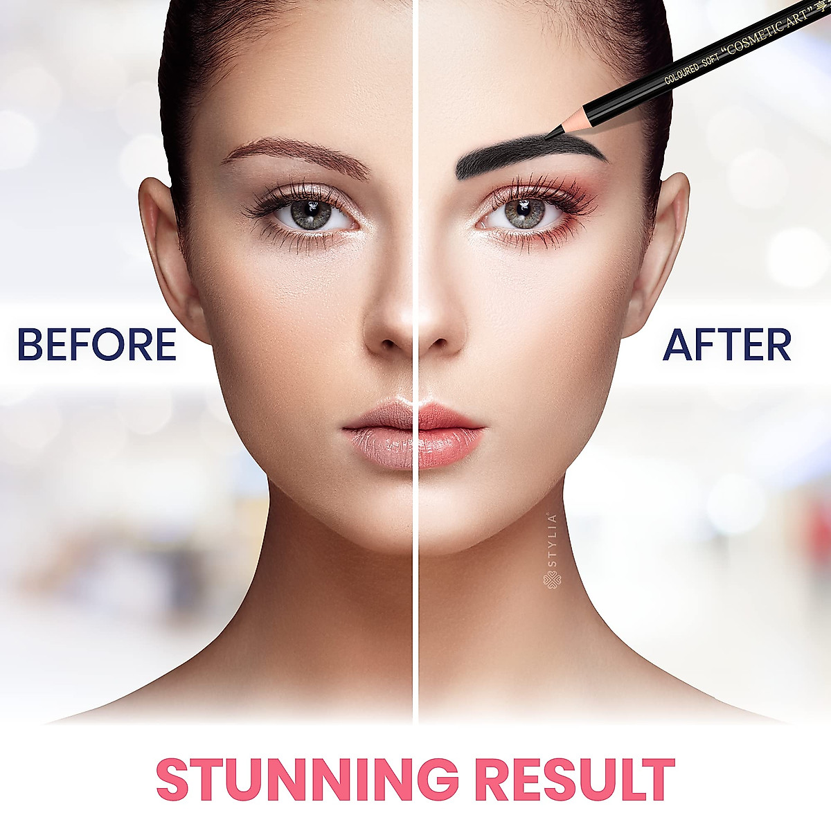 Stylia Waterproof Eyebrow Pencil Set (12 Pieces - Black), Eyebrow Pen-cil, Eye Brow Pencils for Women Makeup, Microblading Long Lasting Eyebrow Pencil Liners for Marking, Filling And Outlining Eyebrow