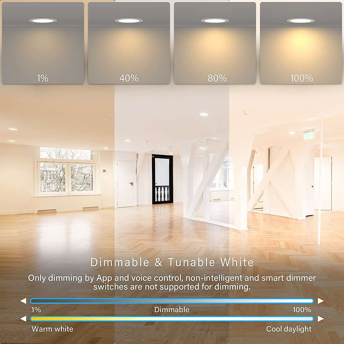 JULLISON 4" LED Smart Slim Recessed Pot Light, WiFi APP & Voice Control, 120VAC, 9W, 600LM, RGB + 2700K-6000K, ETL & FCC & IC Rated, Wet Location, Compatible with Alexa/Google Home, White - 4 Packs